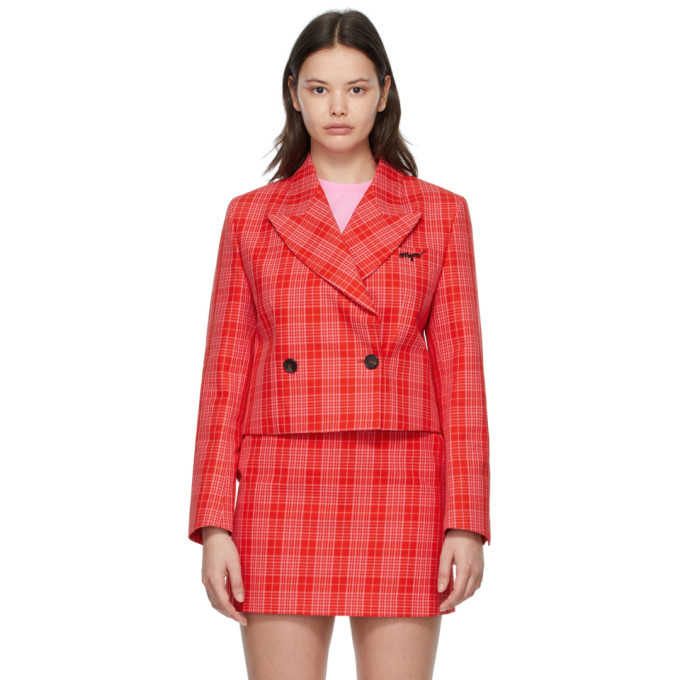 MSGM Red and Pink Cropped Plaid Blazer MSGM