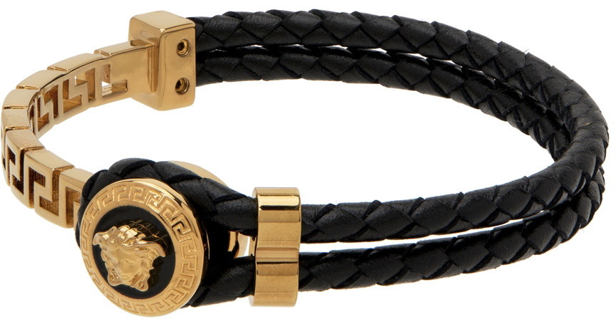 Versace Black & Gold Leather Medusa Bracelet Versace