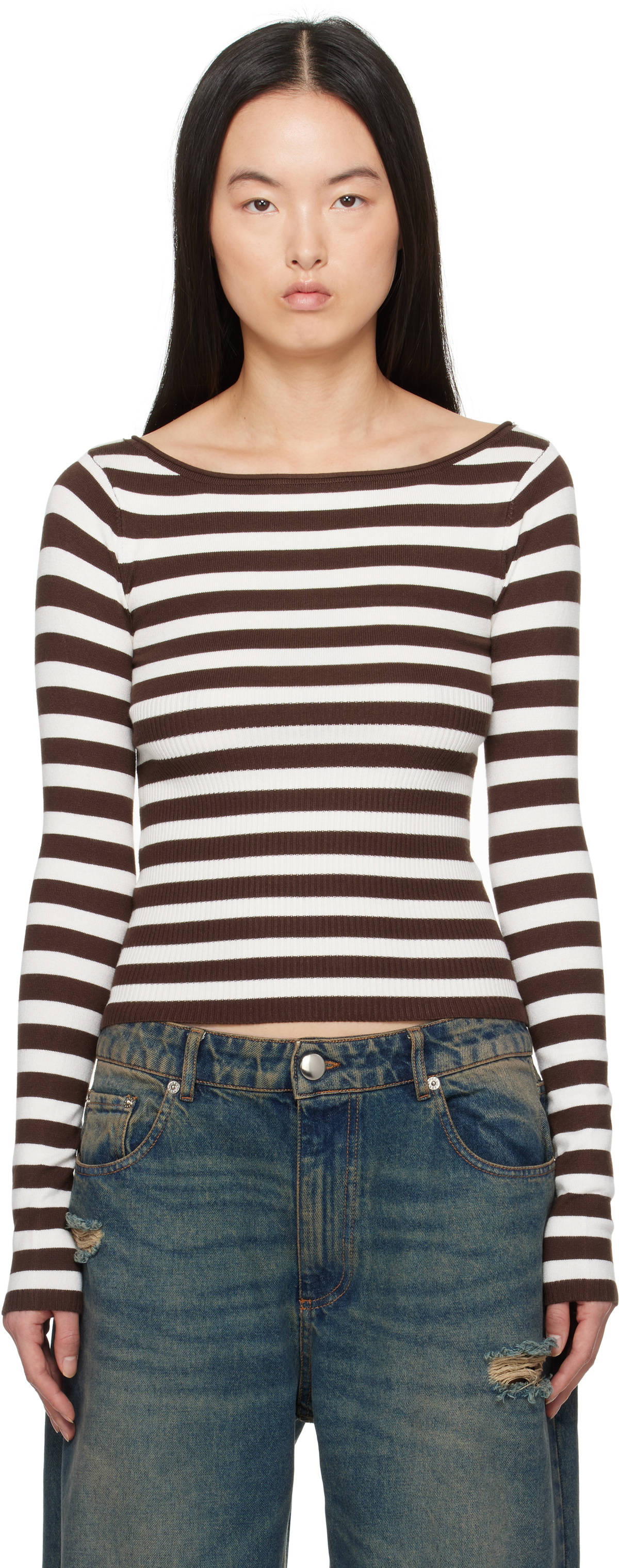 Frankies Bikinis Brown & Off-White Theo Striped Knit Sweater Frankies ...