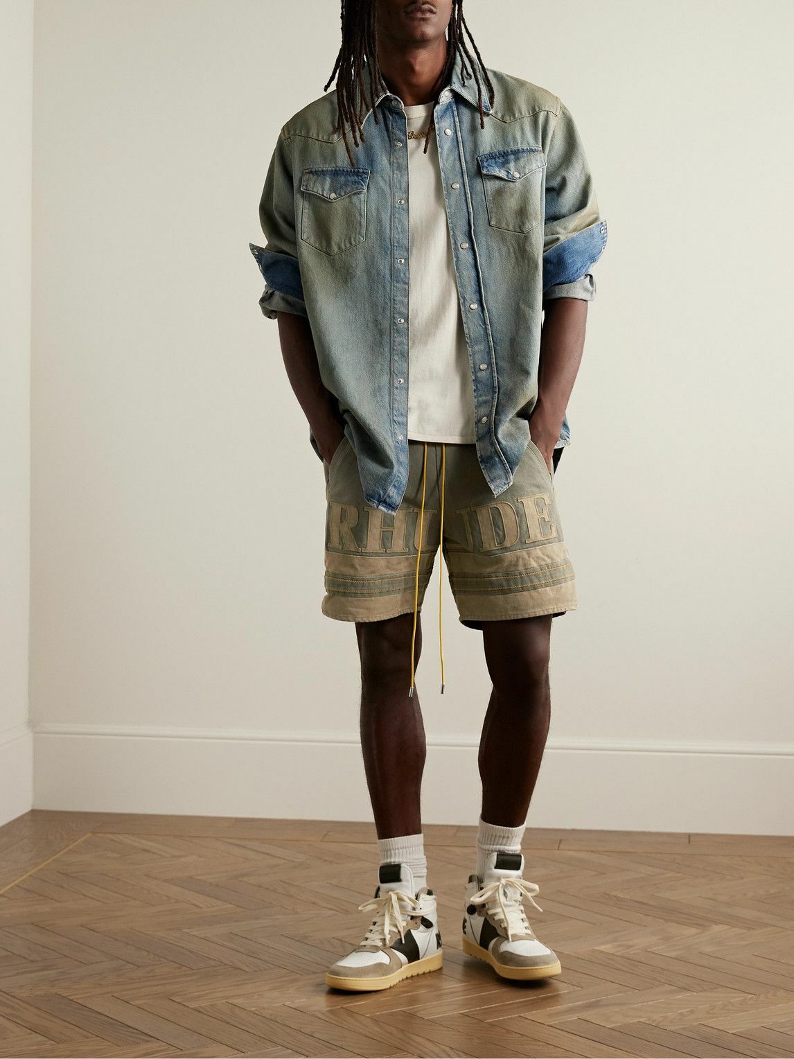 Rhude - Straight-Leg Logo-Appliquéd Striped Cotton-Canvas Drawstring ...