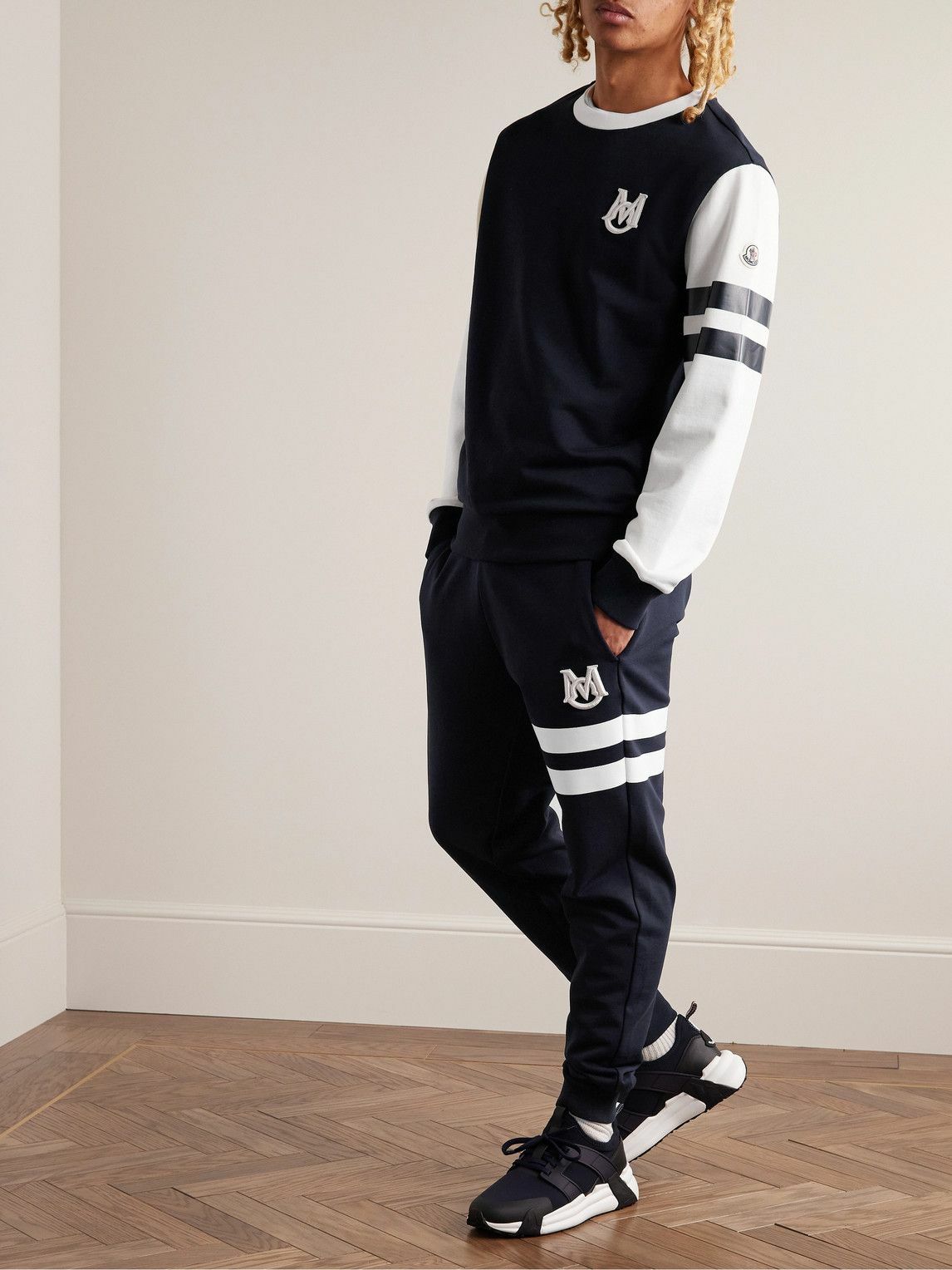 Moncler - Tapered Logo-Appliquéd Striped Cotton-Jersey Sweatpants ...