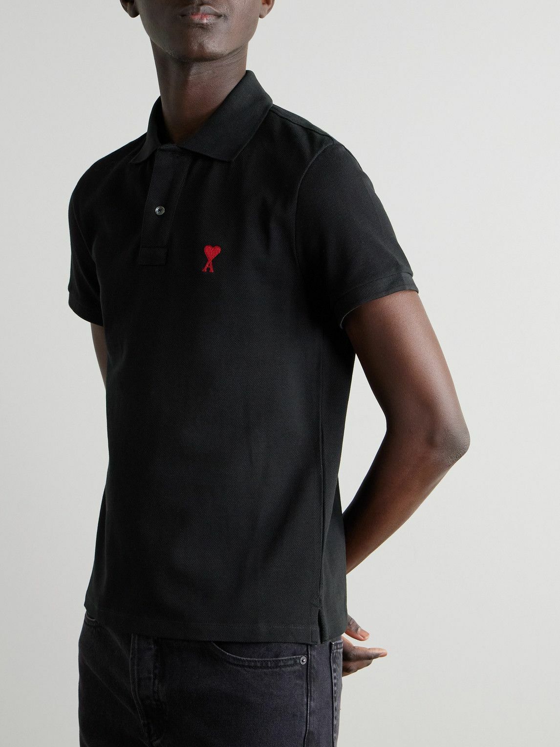 AMI PARIS - Logo-Embroidered Organic Cotton-Piqué Polo Shirt - Black AMI