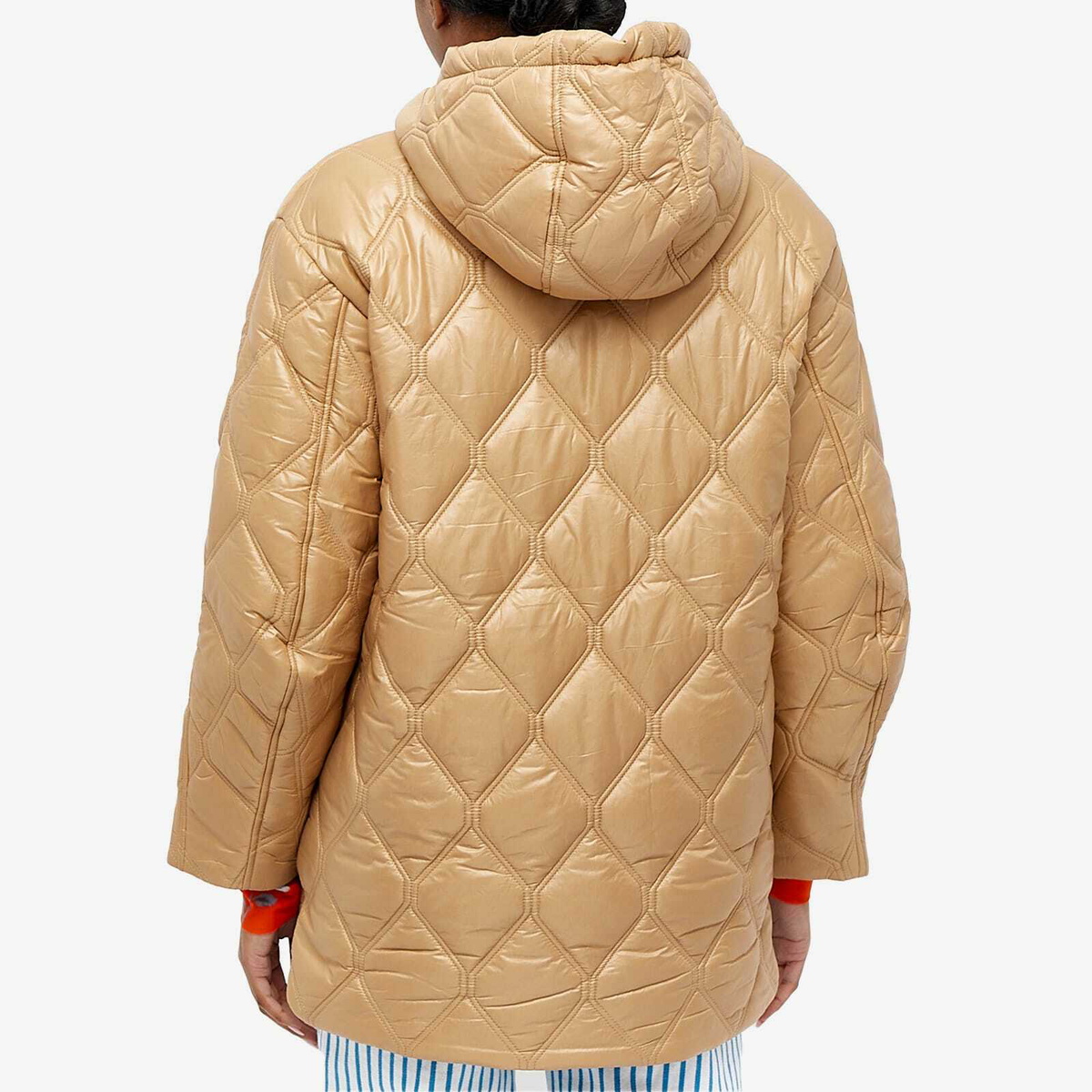 GANNI Women's Shiny Quilt Hooded Jacket in Tanin GANNI