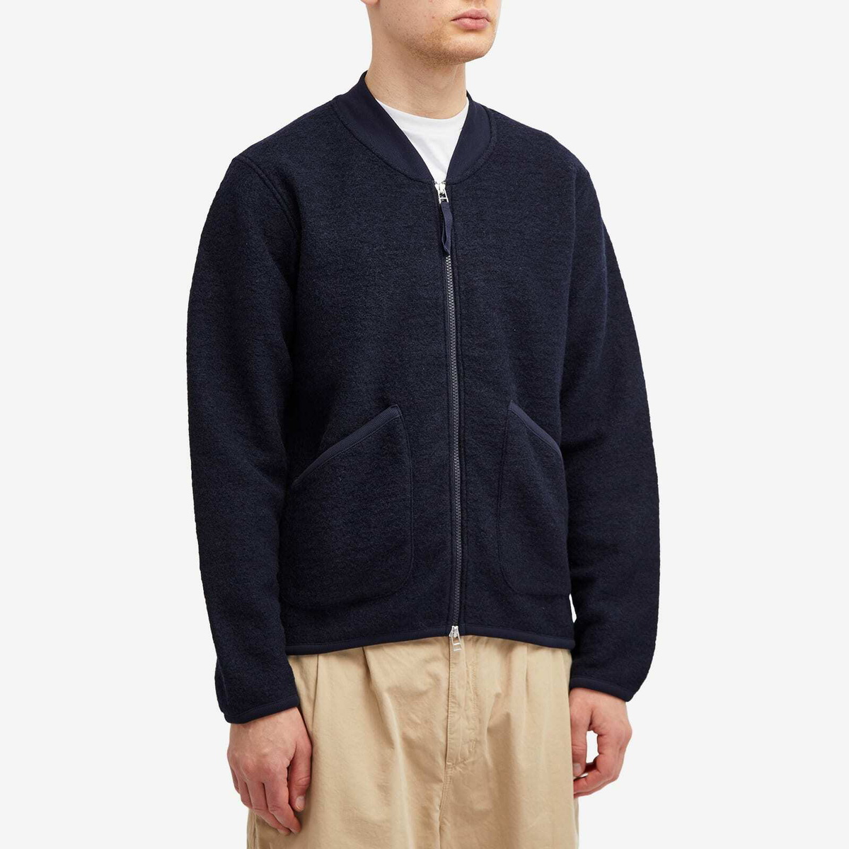 Universal Works Men's Wool Fleece Zip Bomber Jacket in Navy Universal Works