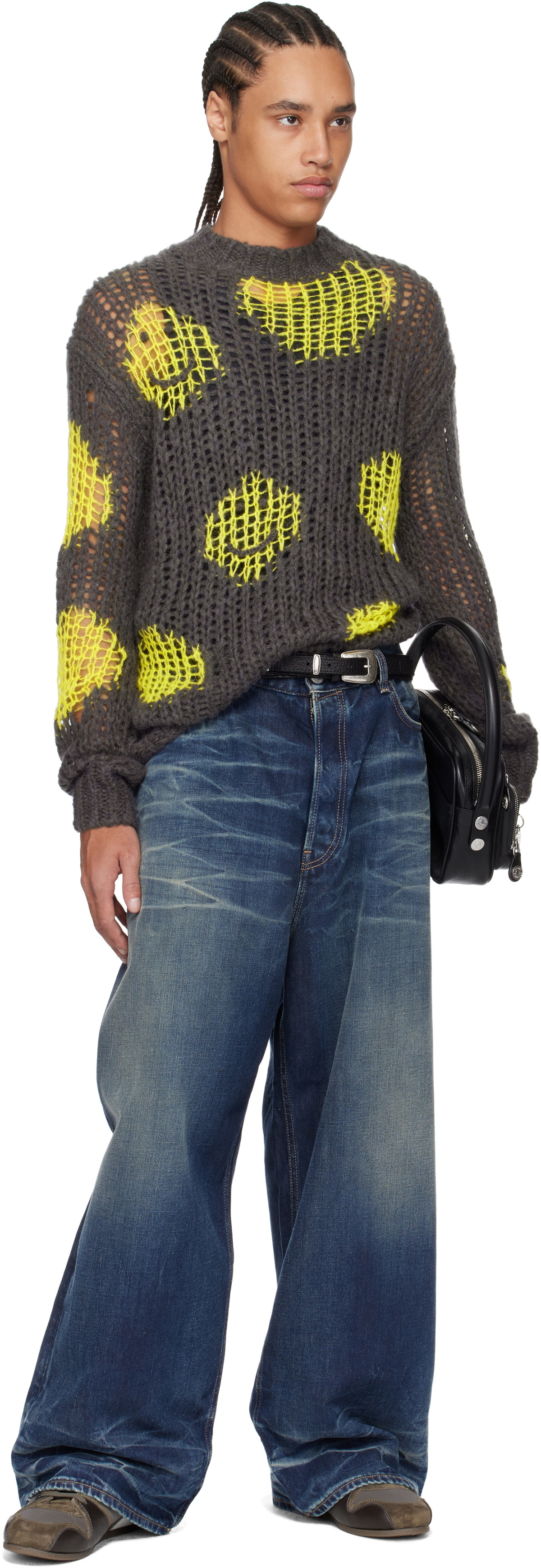 Acne Studios Gray & Yellow Embroidered Mohair Sweater Acne Studios