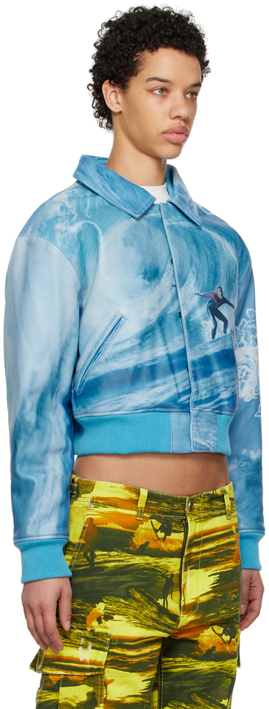 ERL Blue Graphic Leather Bomber Jacket ERL