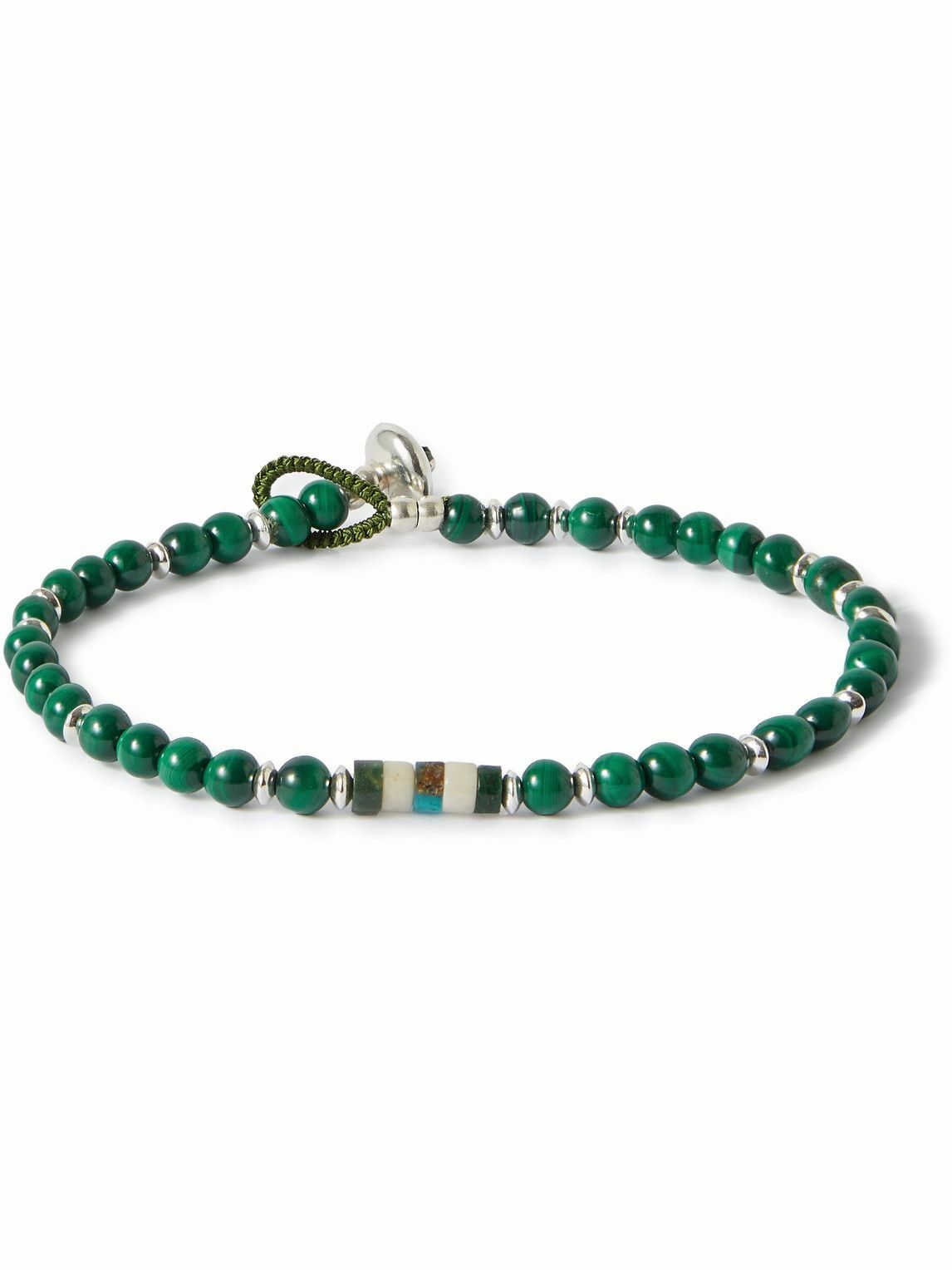 Mikia - Silver, Cord and Malachite Beaded Bracelet - Green Mikia