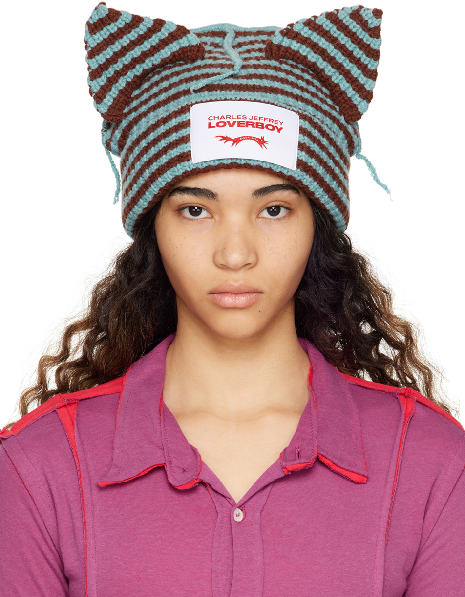 Charles Jeffrey Loverboy Blue & Brown Chunky Ears Beanie Charles ...