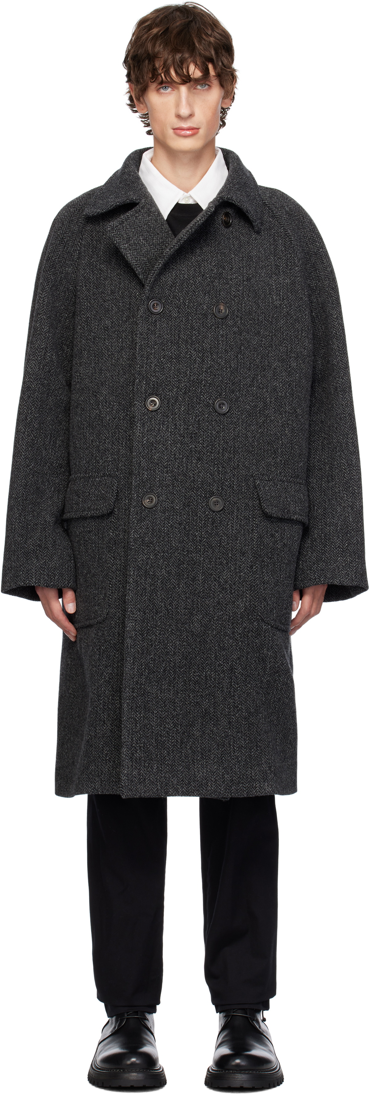Drake's Gray Herringbone Wool Double-Breasted Raglan Coat Drake's