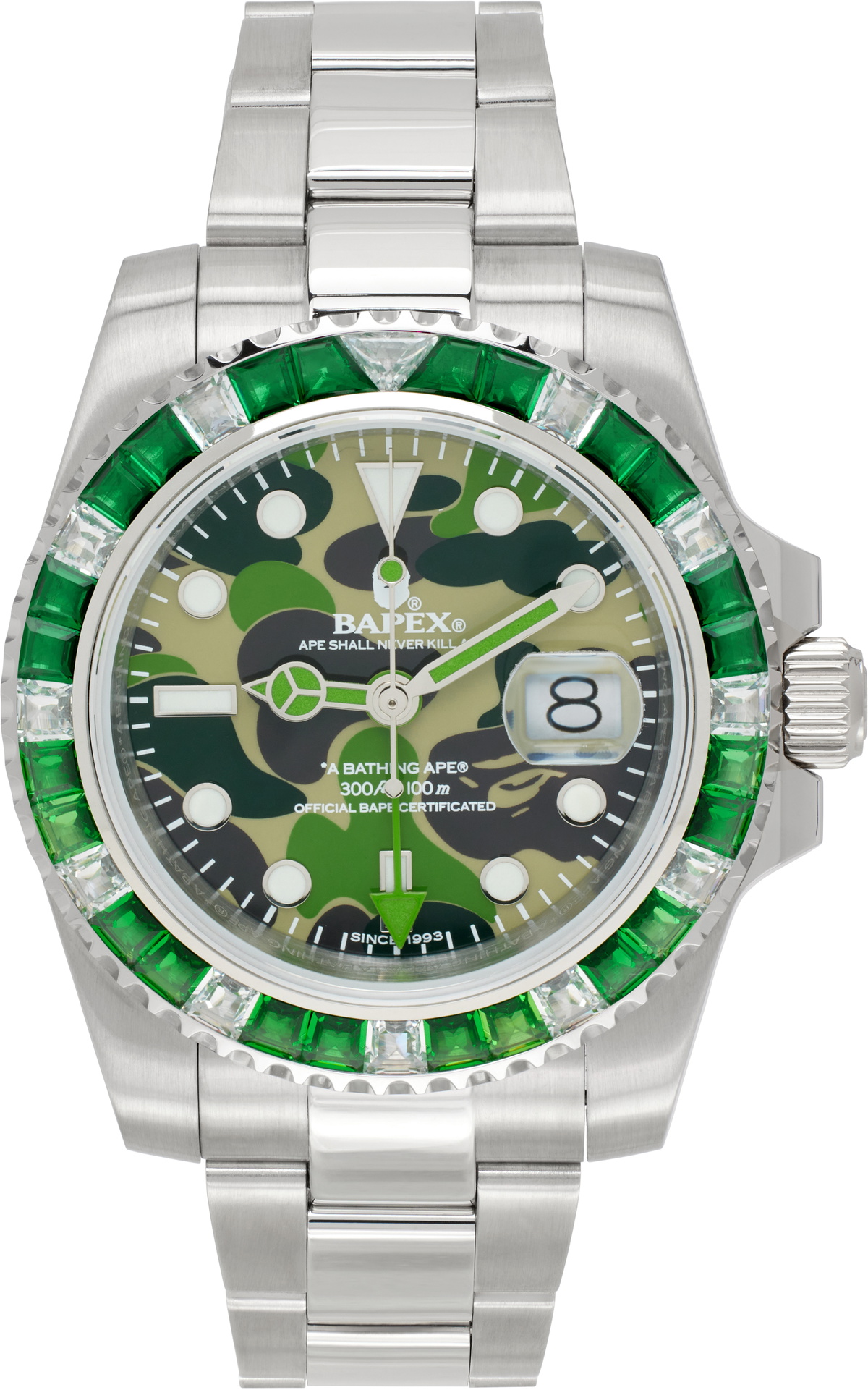 BAPE Silver & Green Type 2 Camo Crystal Watch A Bathing Ape