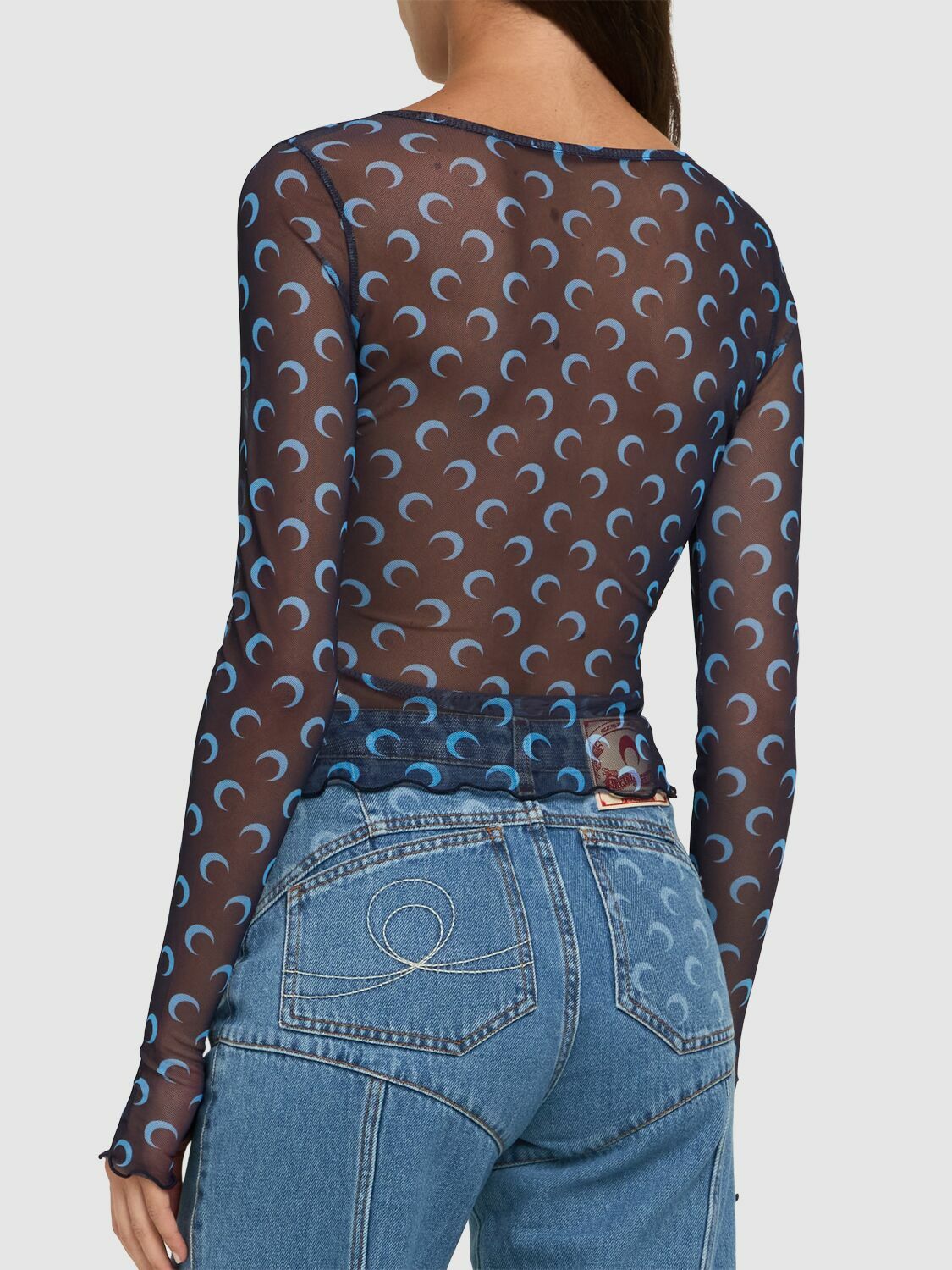 MARINE SERRE Moon Print Mesh Second Skin Crop Top Marine Serre