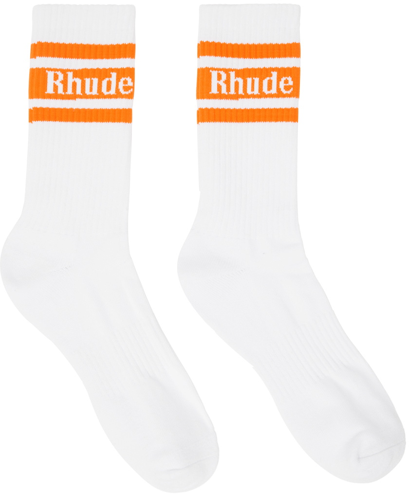 Rhude White & Orange Stripe Logo Socks Rhude