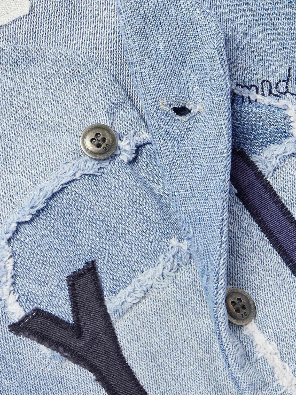 Greg Lauren - Frayed Appliquéd Embroidered Distressed Denim Shirt ...