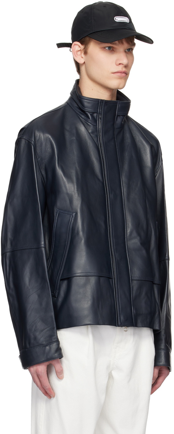 Solid Homme Navy Drawstring Leather Jacket Solid Homme