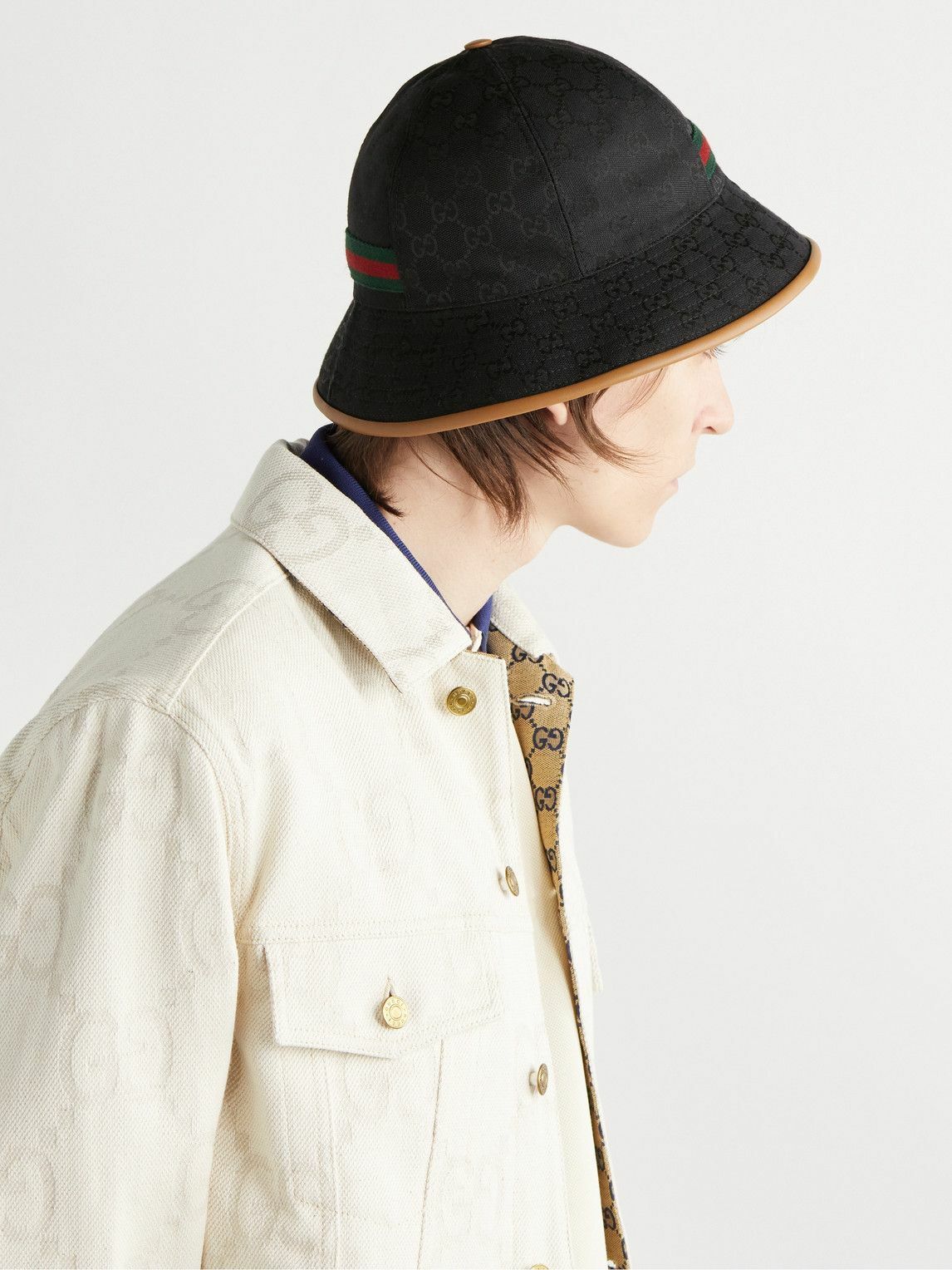 GUCCI - Leather and Webbing-Trimmed Monogrammed Canvas Bucket Hat ...