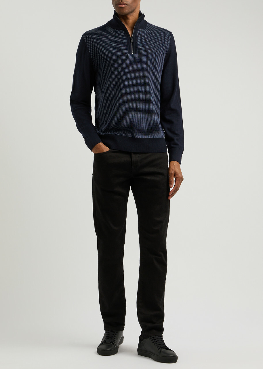Boss Half-zip Waffle-knit Wool Jumper Navy BOSS