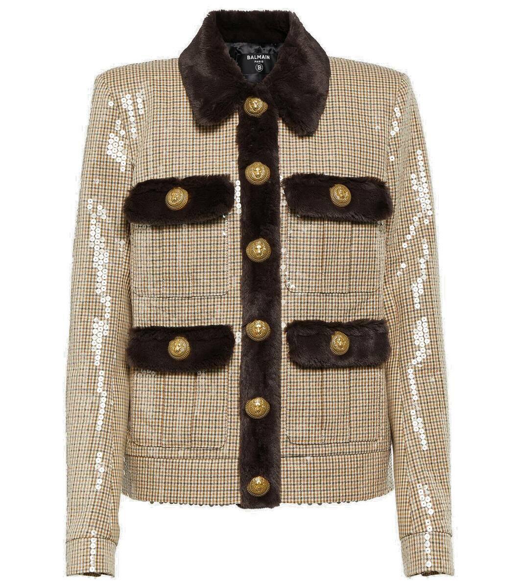 Balmain Sequined faux fur-trimmed jacket Balmain