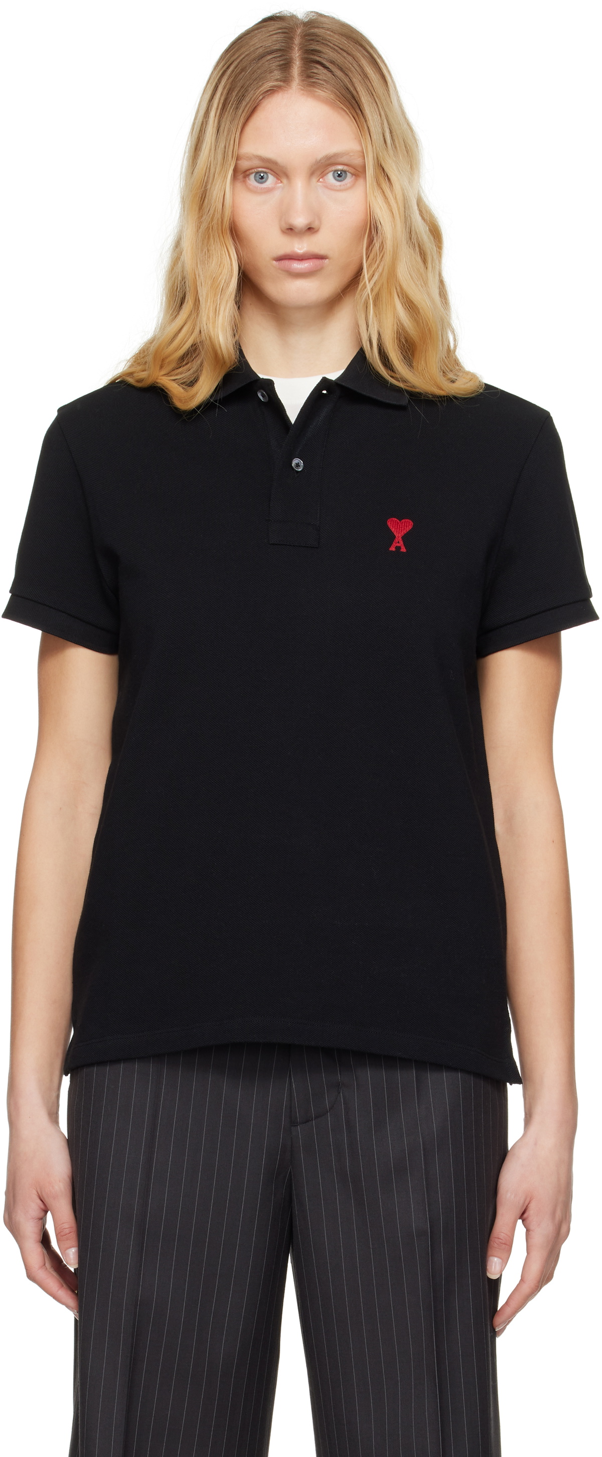 AMI Paris Black Cotton Ami de Coeur Polo AMI