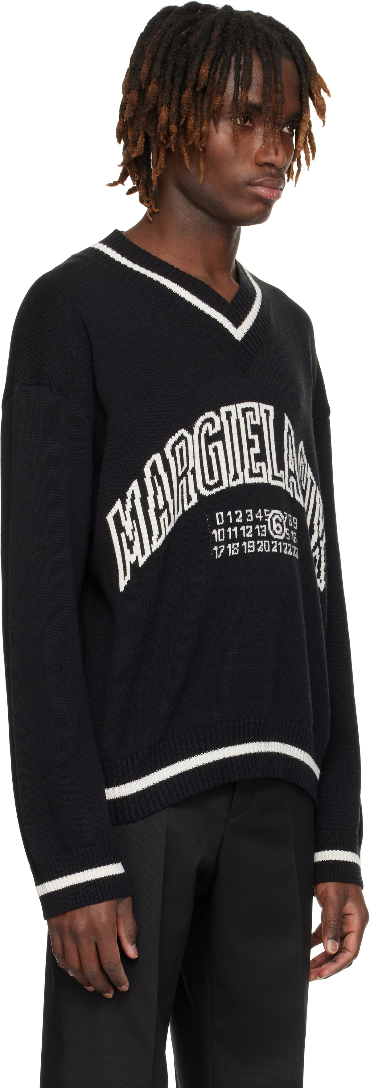 MM6 Maison Margiela Black & White V-Neck Varsity Sweater MM6 Maison ...