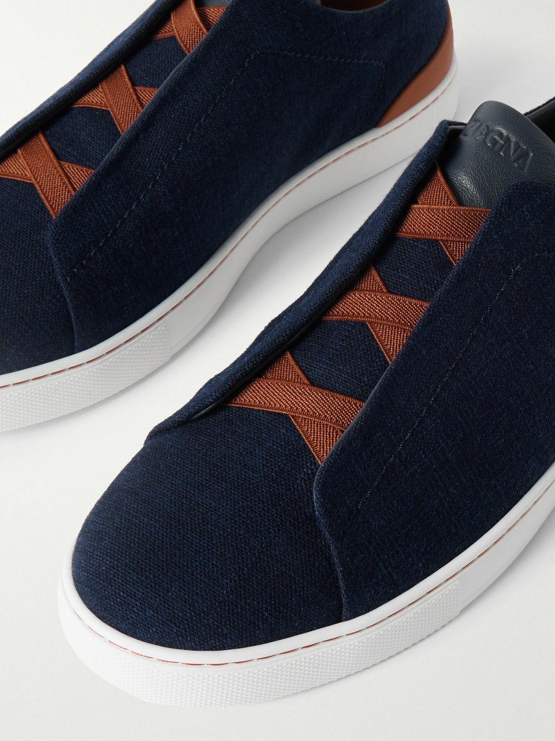 Zegna - Triple Stitch Leather-Trimmed Canvas Sneakers - Blue Zegna