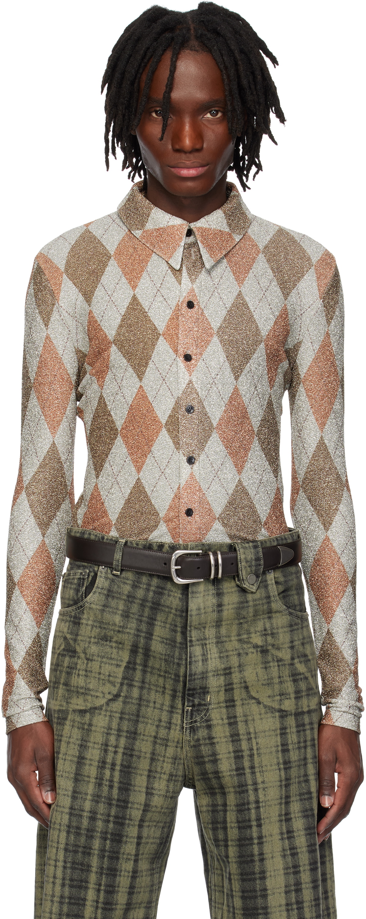 EGONlab Gray & Brown Harry Print Fitted Shirt EGONlab