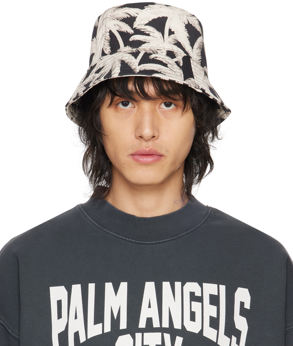 Palm Angels Black & Off-White Allover Palms Bucket Hat Palm Angels