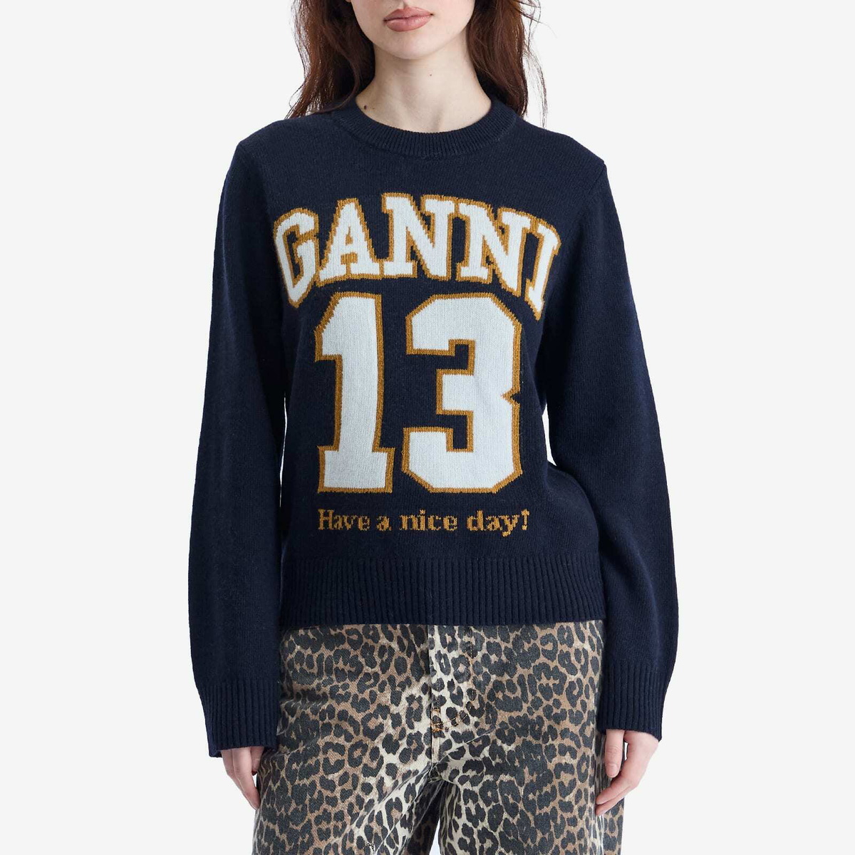 GANNI Women's Graphic Wool Baseball Jumper in Sky Captain GANNI