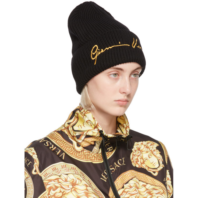 Versace Black Wool GV Signature Beanie Versace
