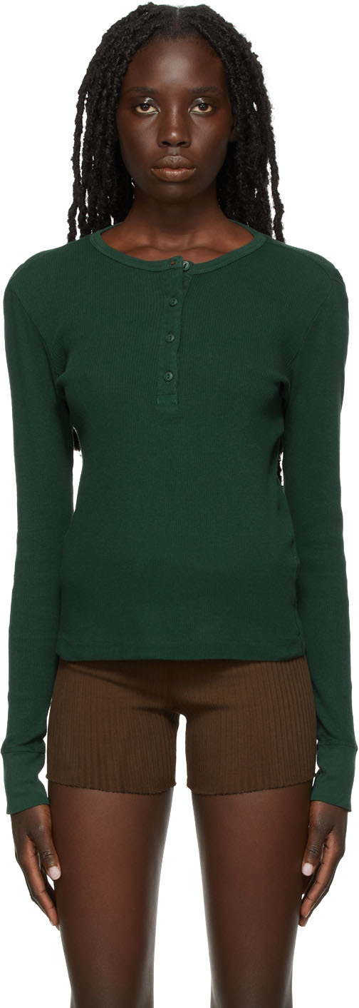 Re/Done Green 60s Silm Long Sleeve Henley Re/Done