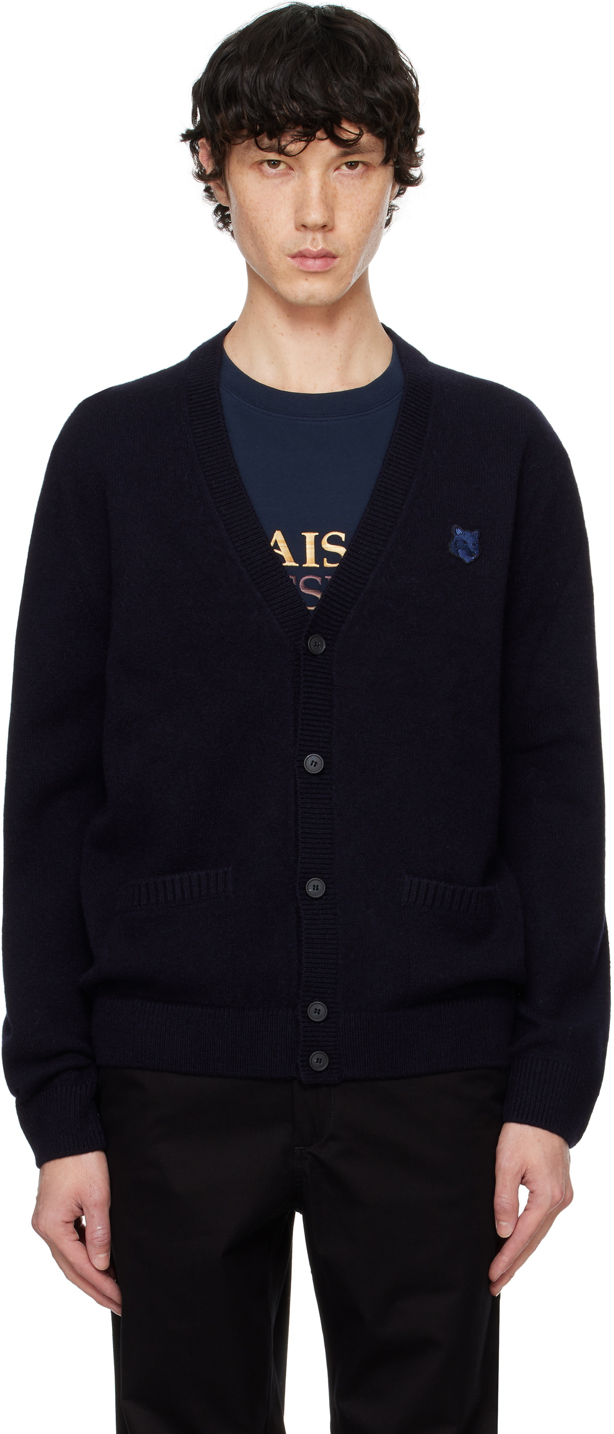 Maison Kitsuné Navy Bold Fox Head Patch Regular Cardigan Maison Kitsune