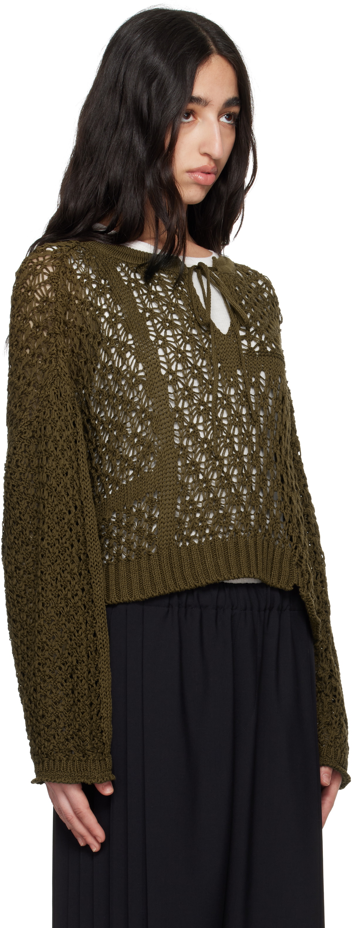 Y's Khaki Openwork Design Henry Wide Sleeve Sweater Ys