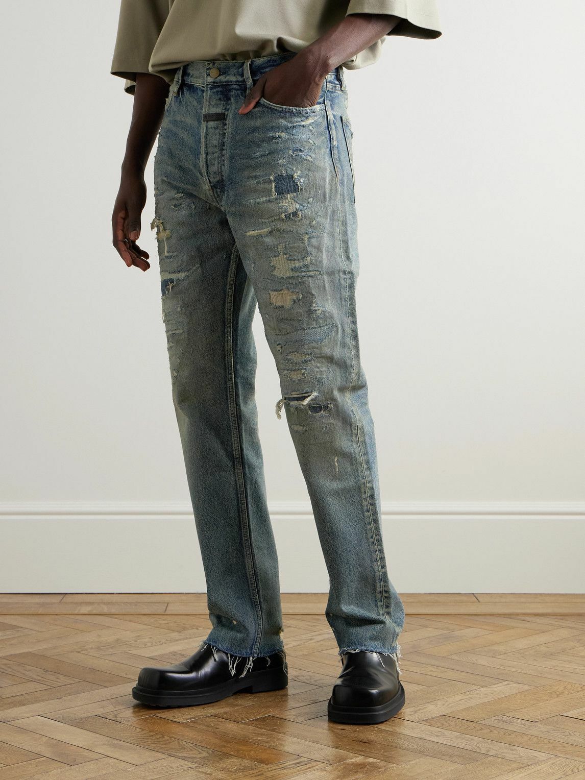 Fear of God - Straight-Leg Logo-Appliquéd Distressed Jeans - Blue Fear ...