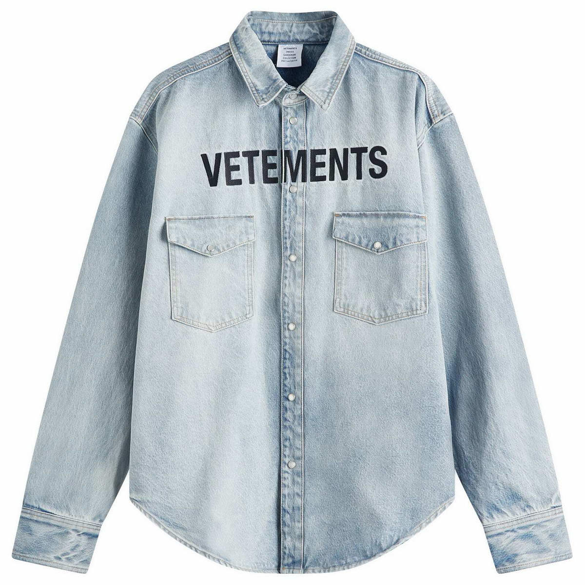 VETEMENTS Men's Embroidered Logo Denim Shirt in Light Blue Vetements