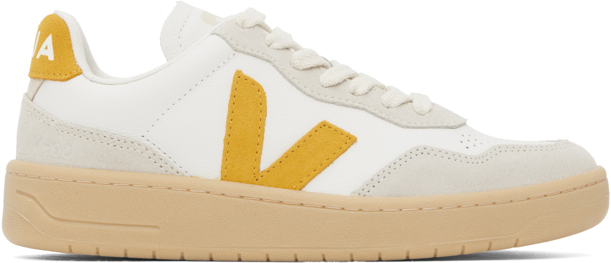 VEJA White & Yellow V-90 Leather Sneakers VEJA