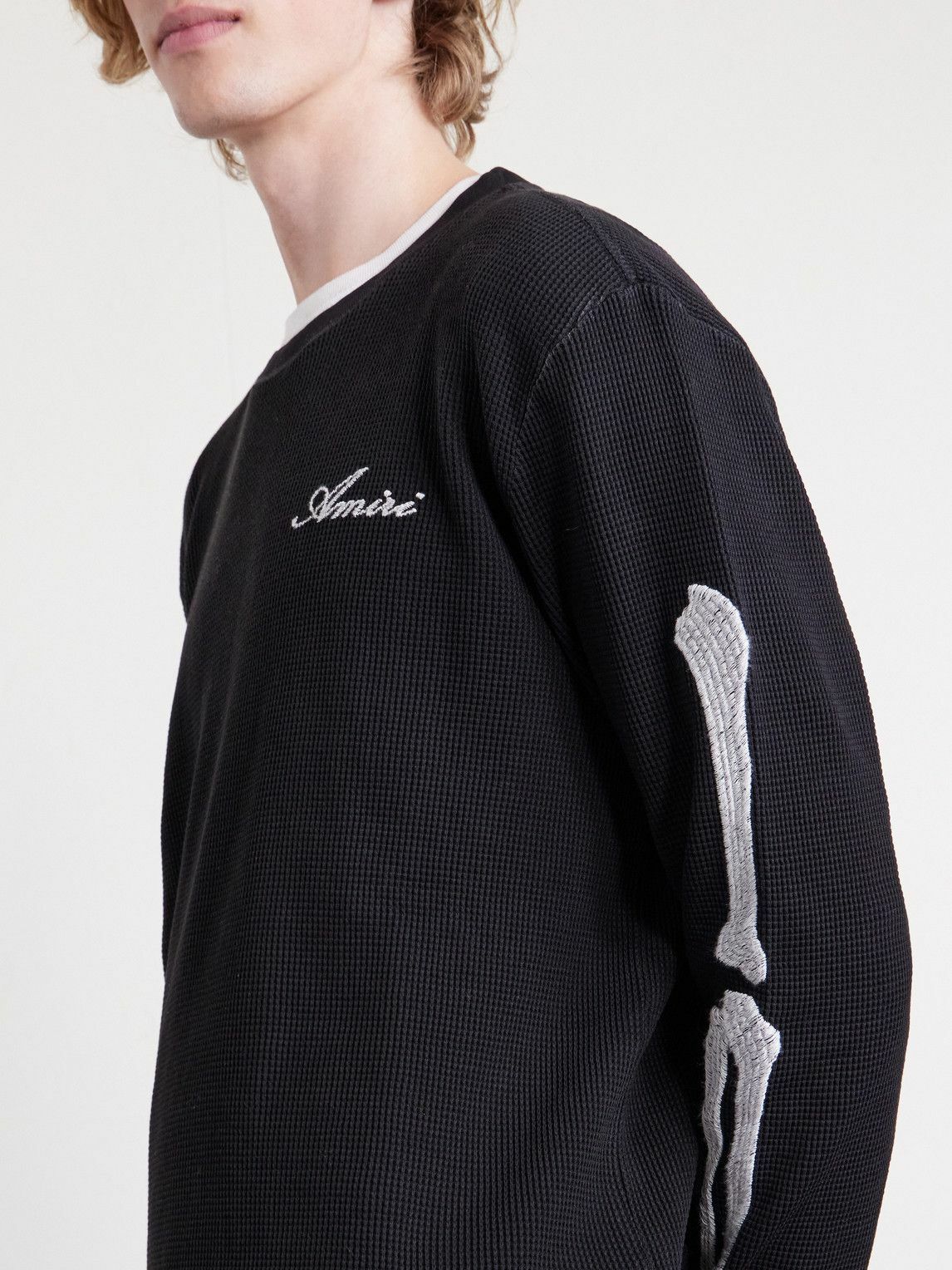 AMIRI - Bones Logo-Embroidered Waffle-Knit Cotton T-Shirt - Black Amiri