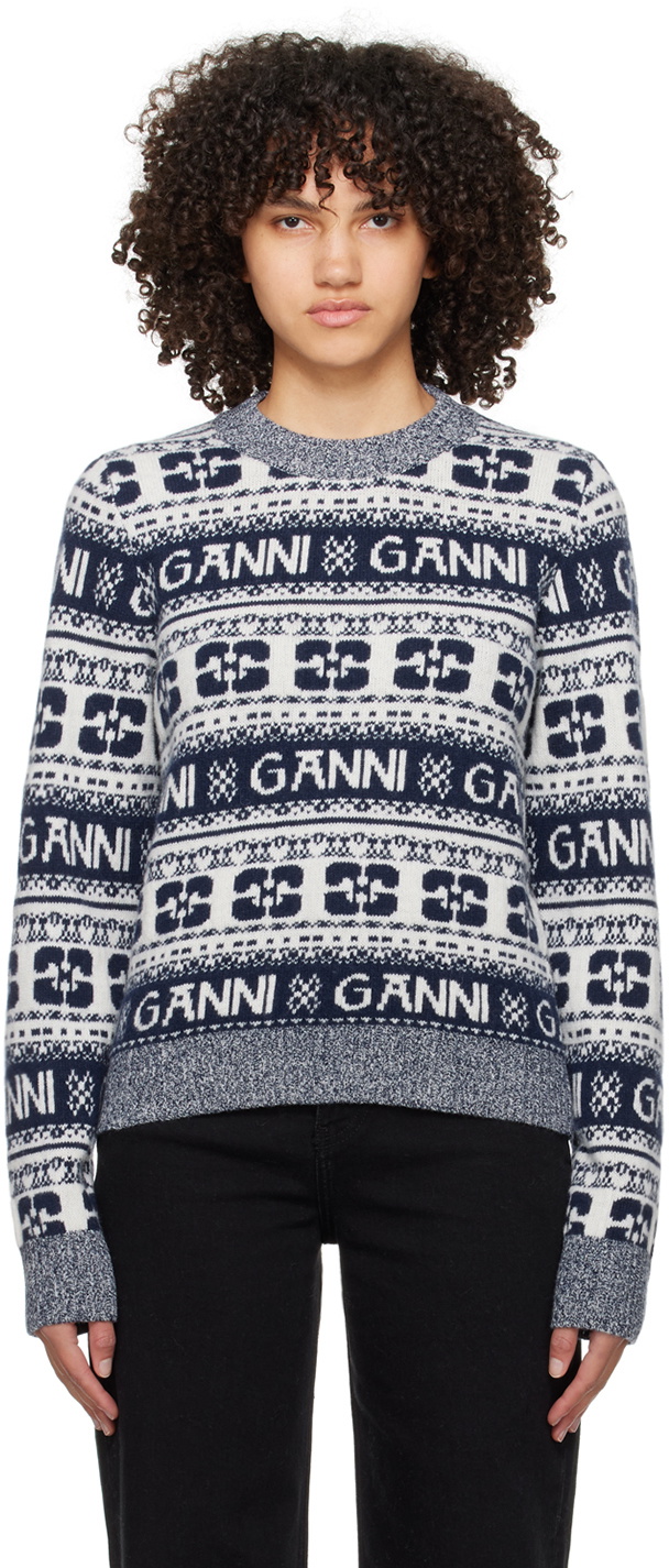 GANNI White & Blue Jacquard Sweater GANNI