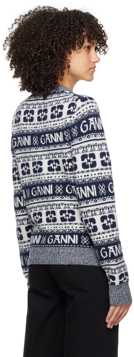 GANNI White & Blue Jacquard Sweater GANNI