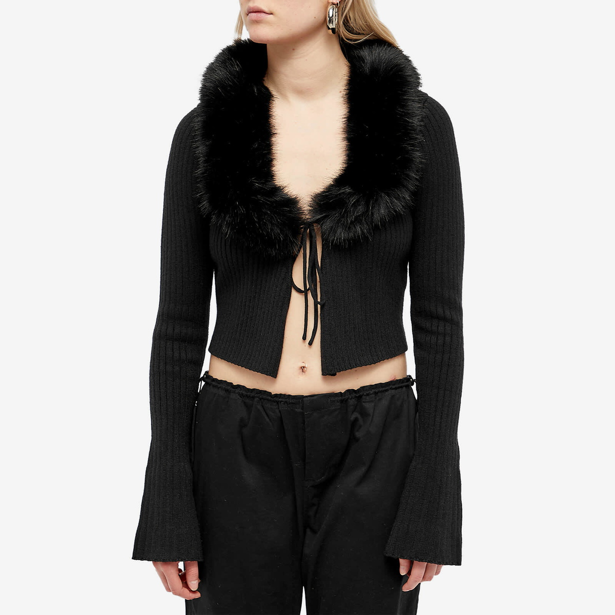 Danielle Guizio Women's Faux Fur Tie Cardigan in Black Danielle Guizio