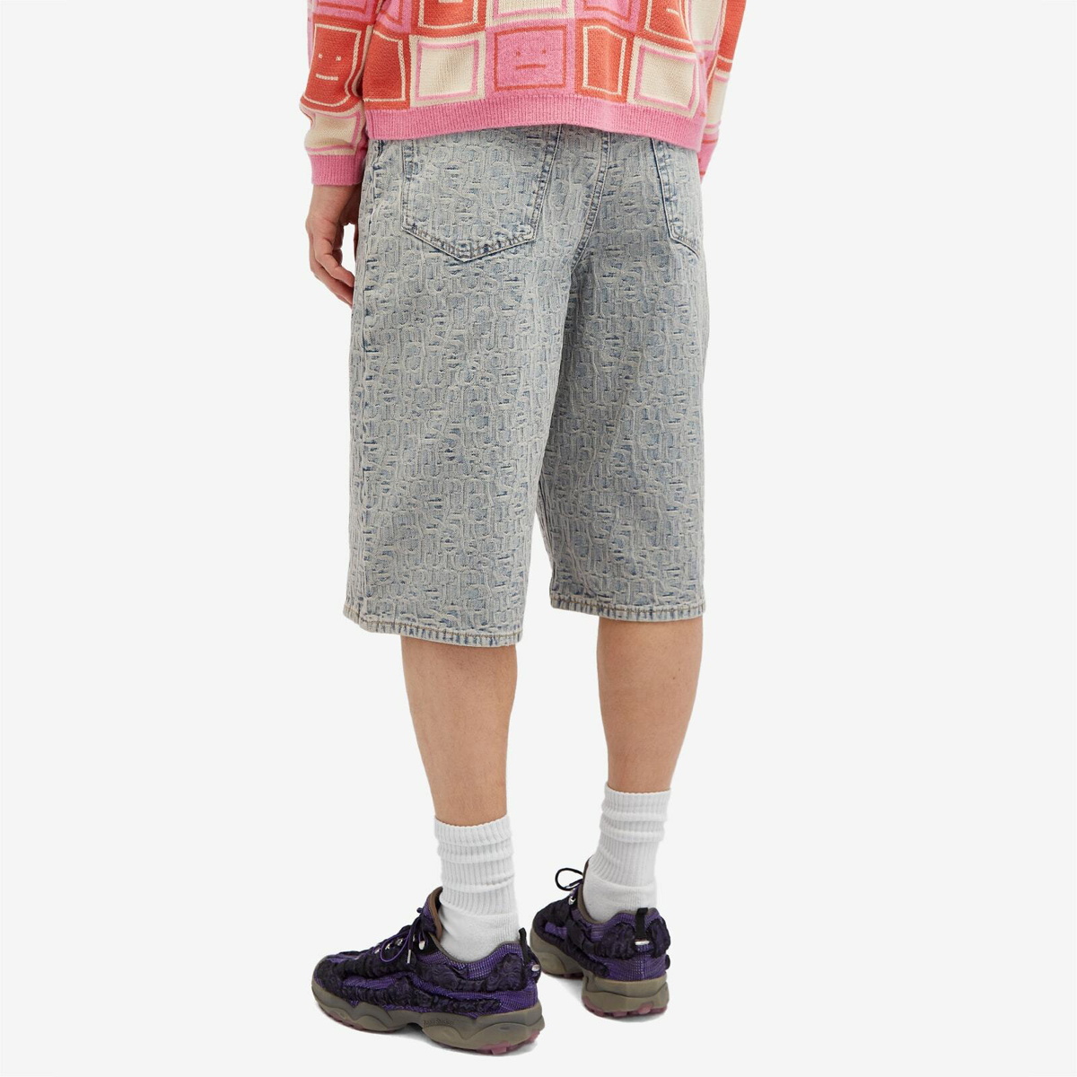 Acne Studios Men's Judda Monogram Denim Shorts in Blue/Beige Acne Studios Men's Judda Monogram Denim Shorts in Blue/Beige