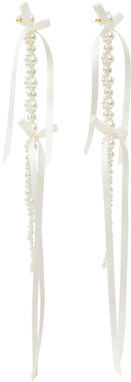 Simone Rocha White Bow Ribbon Double Drip Earrings Simone Rocha