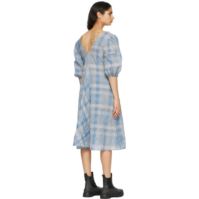 GANNI Blue Seersucker Check Dress GANNI