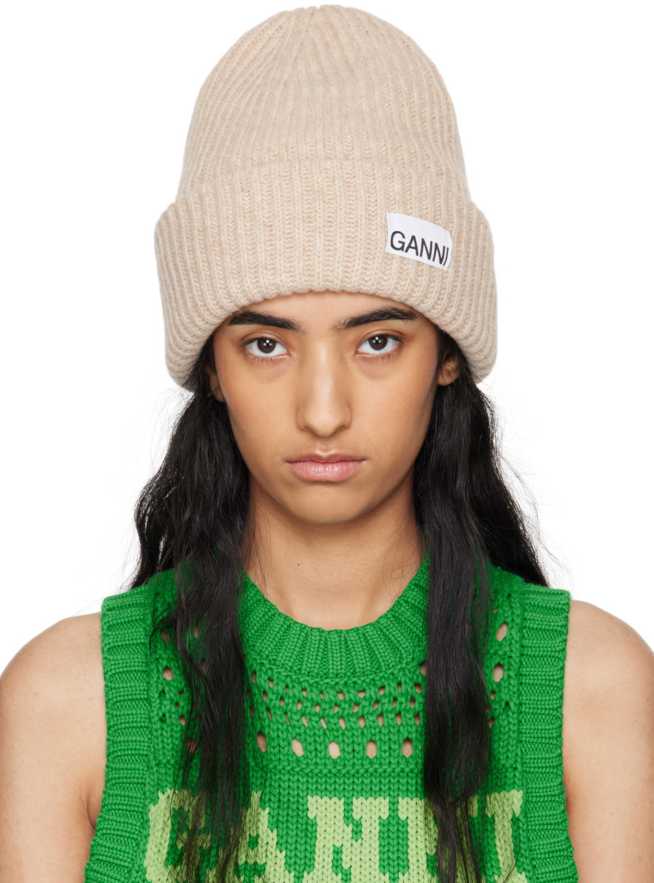 GANNI Beige Oversized Wool Rib Knit Beanie GANNI