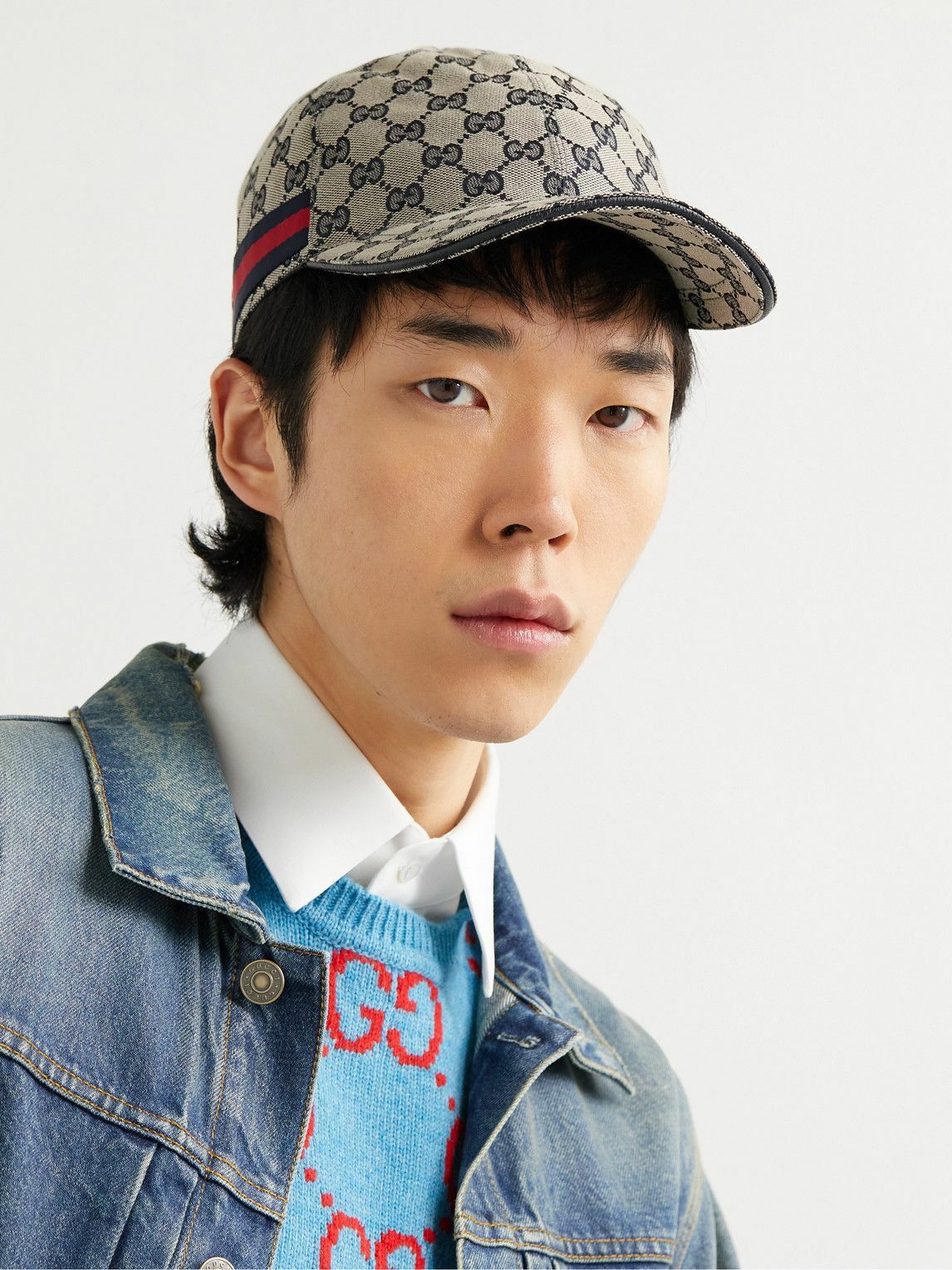 GUCCI - Webbing-Trimmed Monogrammed Canvas Baseball Cap - Blue Gucci