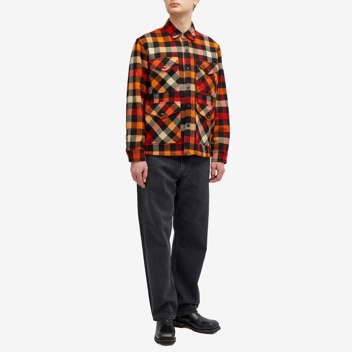 RRL Men's Mason Check Overshirt in Red/Orange Multi RRL