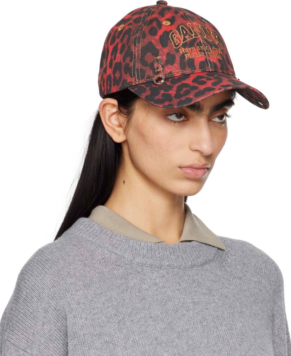 GANNI Red & Black Leopard Cap GANNI