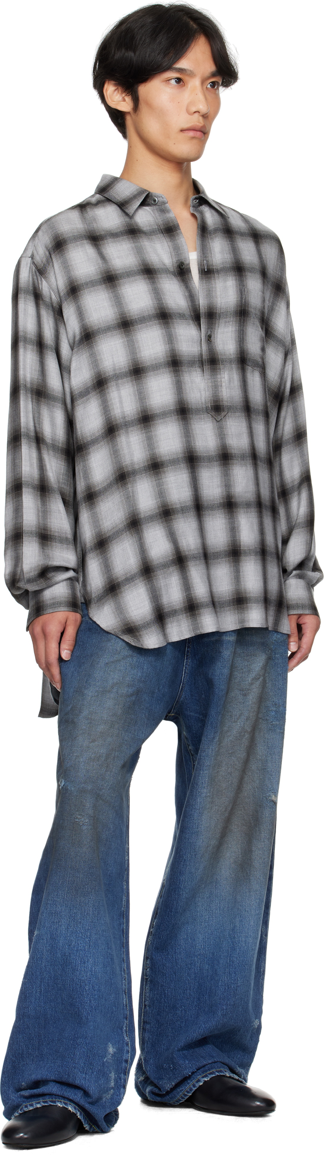 stein Gray Check Oversized Down Pullover Shirt Steinhausen