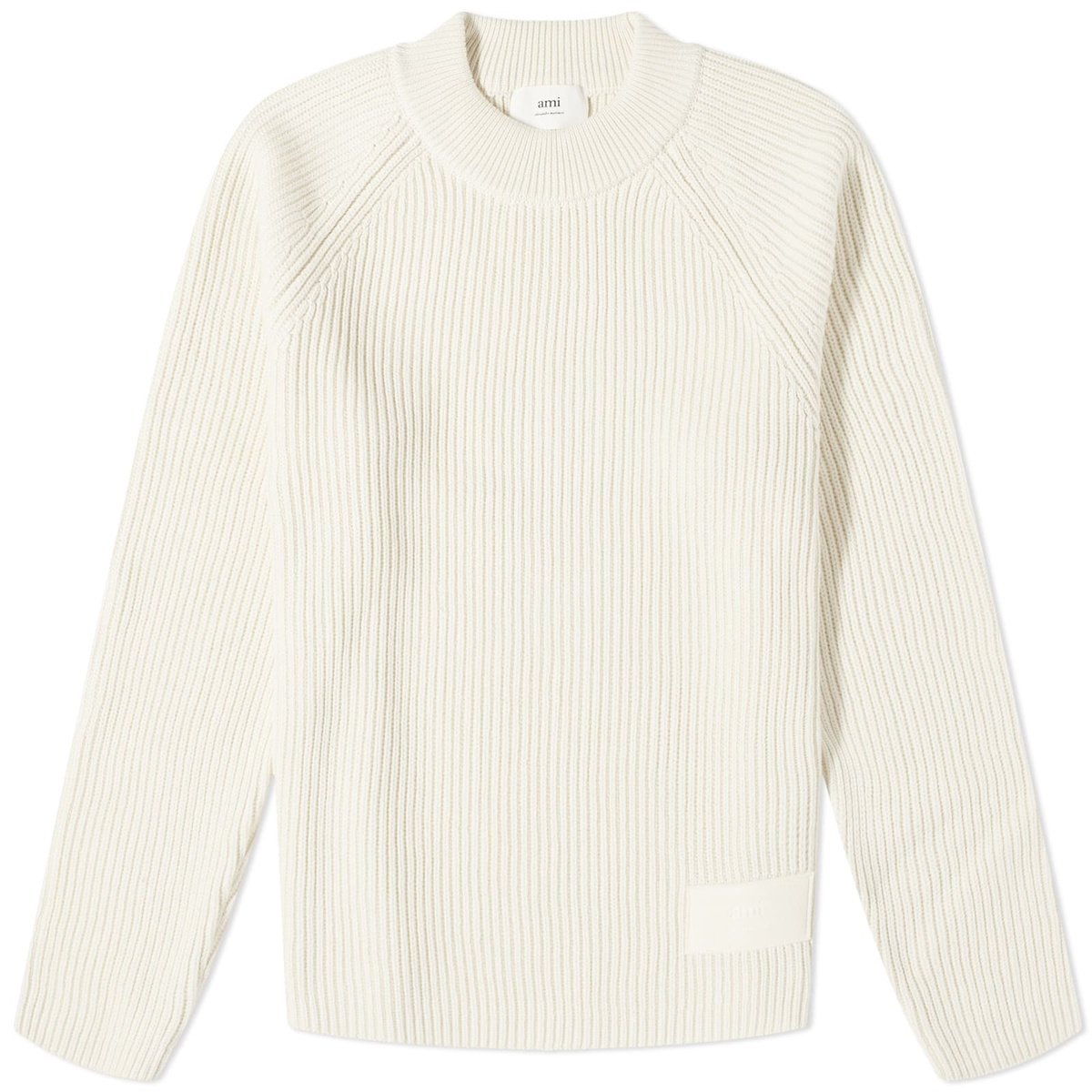 AMI Paris Men's Logo Label Ribbed Crew Knit in Ivory AMI