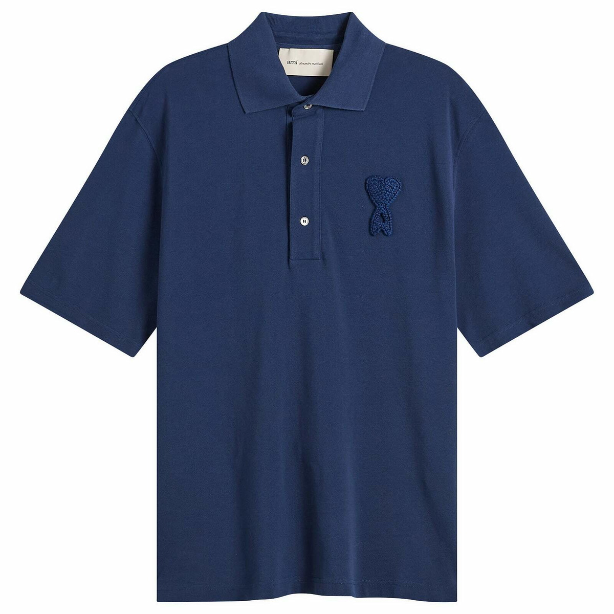 AMI Paris Men's Boxy Fit Polo With Ami De Coeur Knitted Patch in Encre AMI