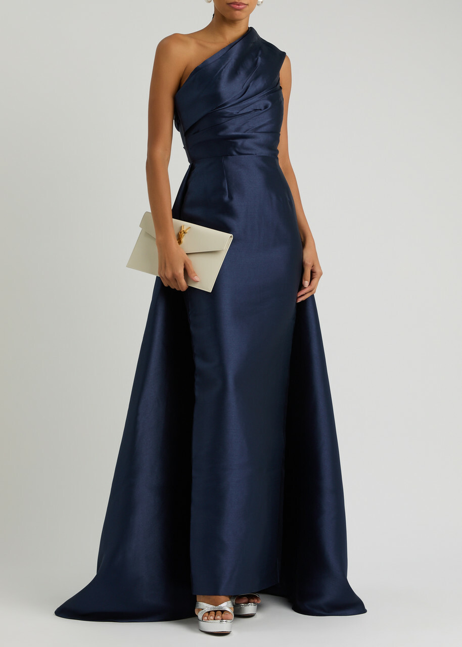 Solace London Alba One-shoulder Draped Satin Gown Navy Solace London
