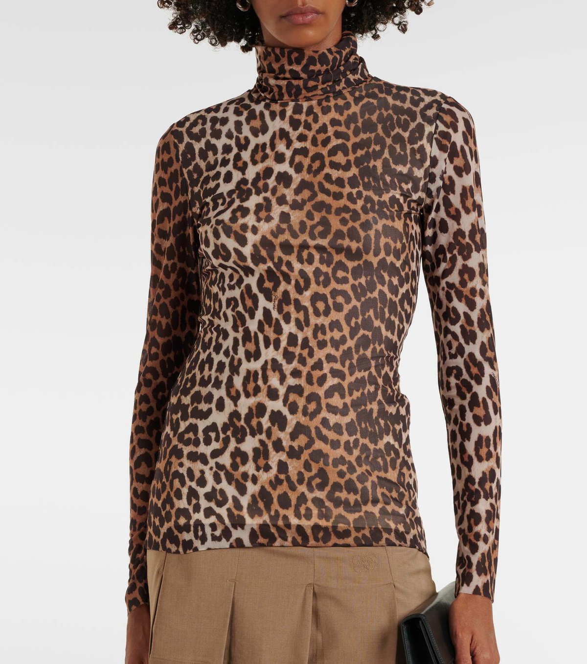 Ganni Leopard-print mesh turtleneck top GANNI